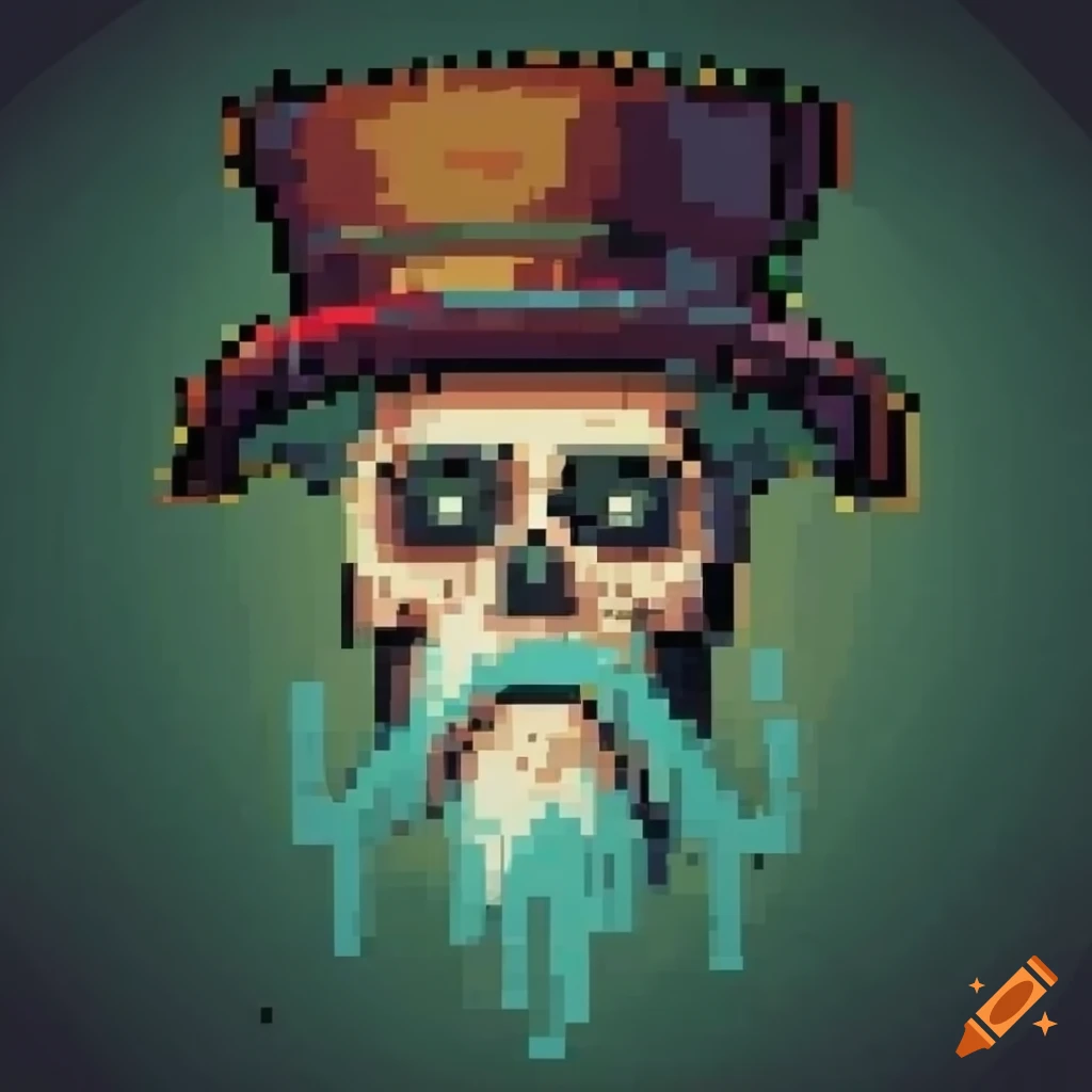 Vintage pixel art of a floating skull with a top hat on Craiyon