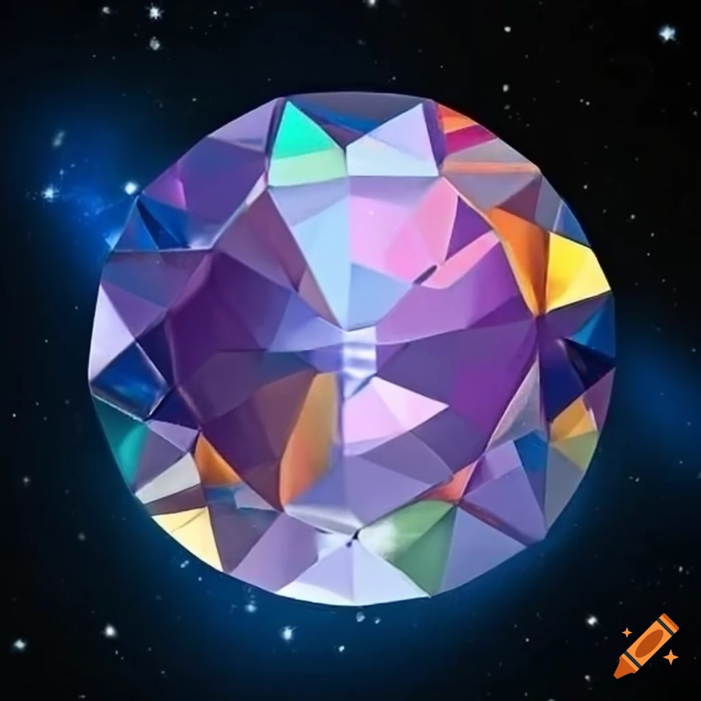 Round faceted prismatic gem in outer space on Craiyon