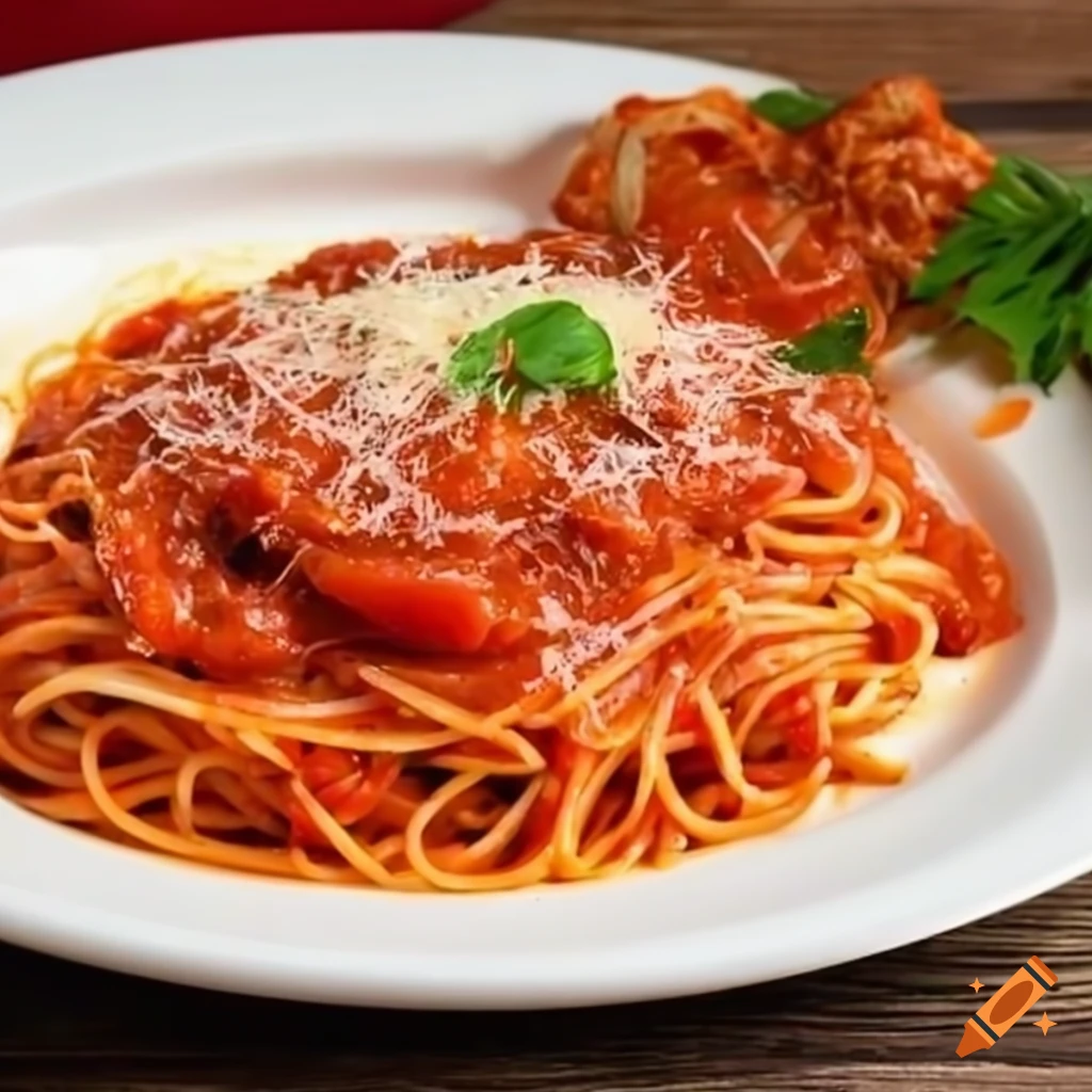 Red sauce spaghetti with Parmesan on a fancy plate on Craiyon