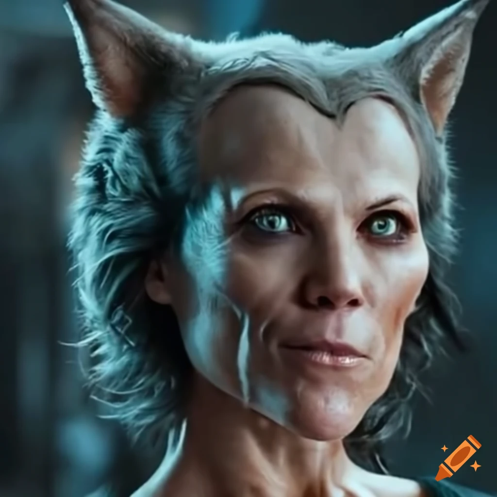 Female bodybuilder annabeth gish as a wolf-witch flexing and laughing ...