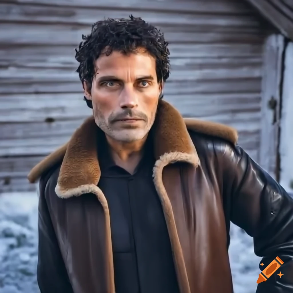 British actor resembling rufus sewell at age 20, in sheepskin bomber jacket and black leather ...