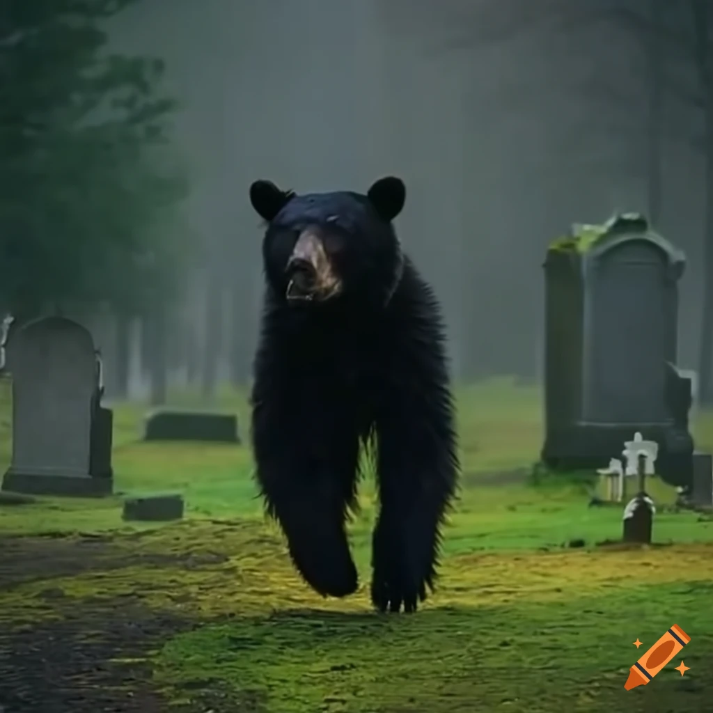 Black bear walking in a foggy cemetery on Craiyon