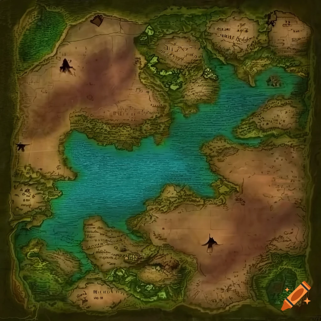 Mystical map of uncharted fantasy continent with enchanted forests and towering peaks on Craiyon