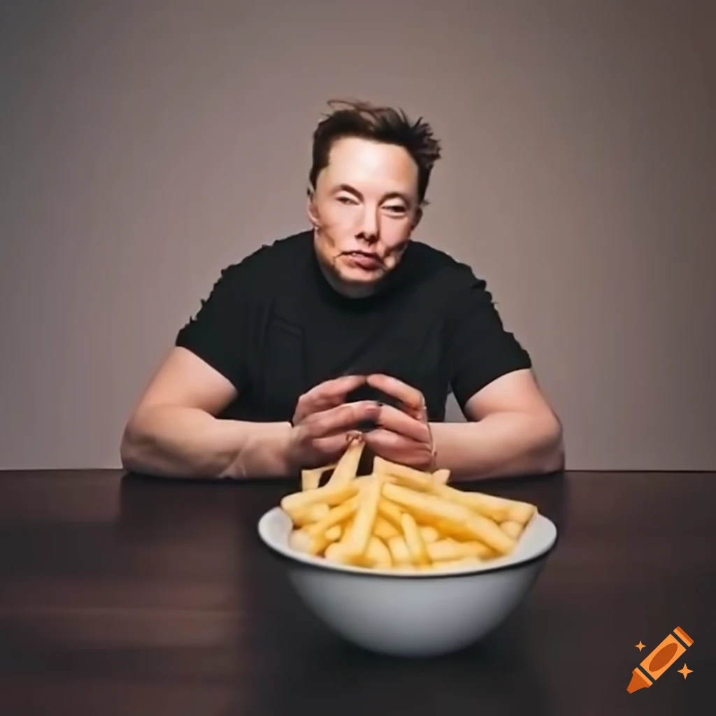 Elon musk staring blankly at a table with fries on Craiyon