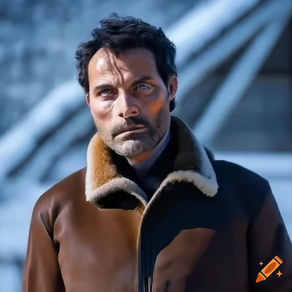 British actor Rufus Sewell lookalike in sheepskin bomber jacket and ...