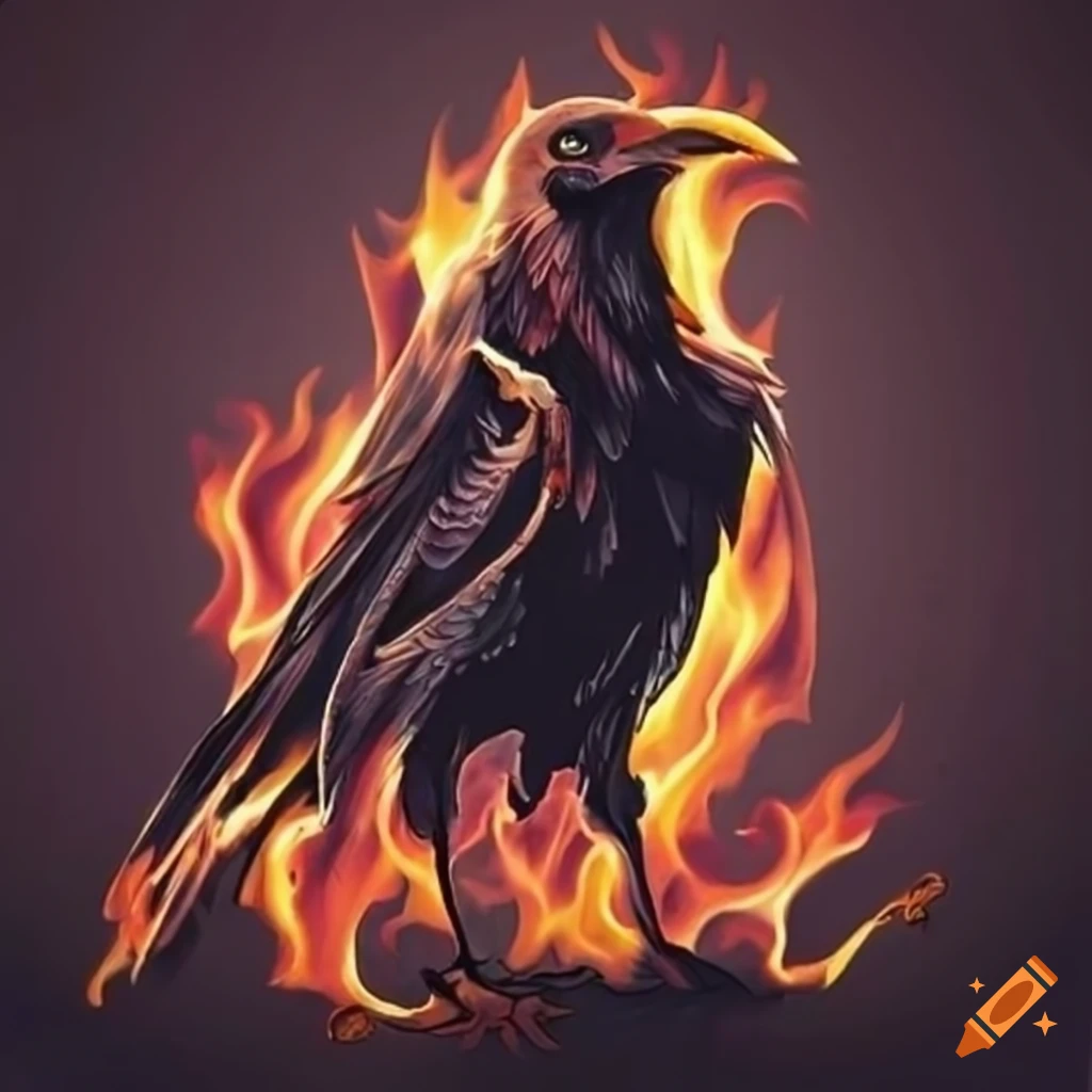 Crow made of bones engulfed in flames tattoo design on Craiyon