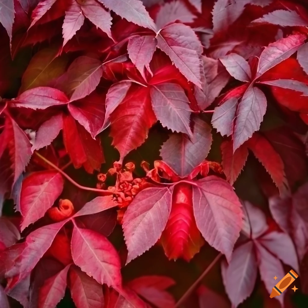 Virginia creeper with red-purple leaves and berries filling the frame ...