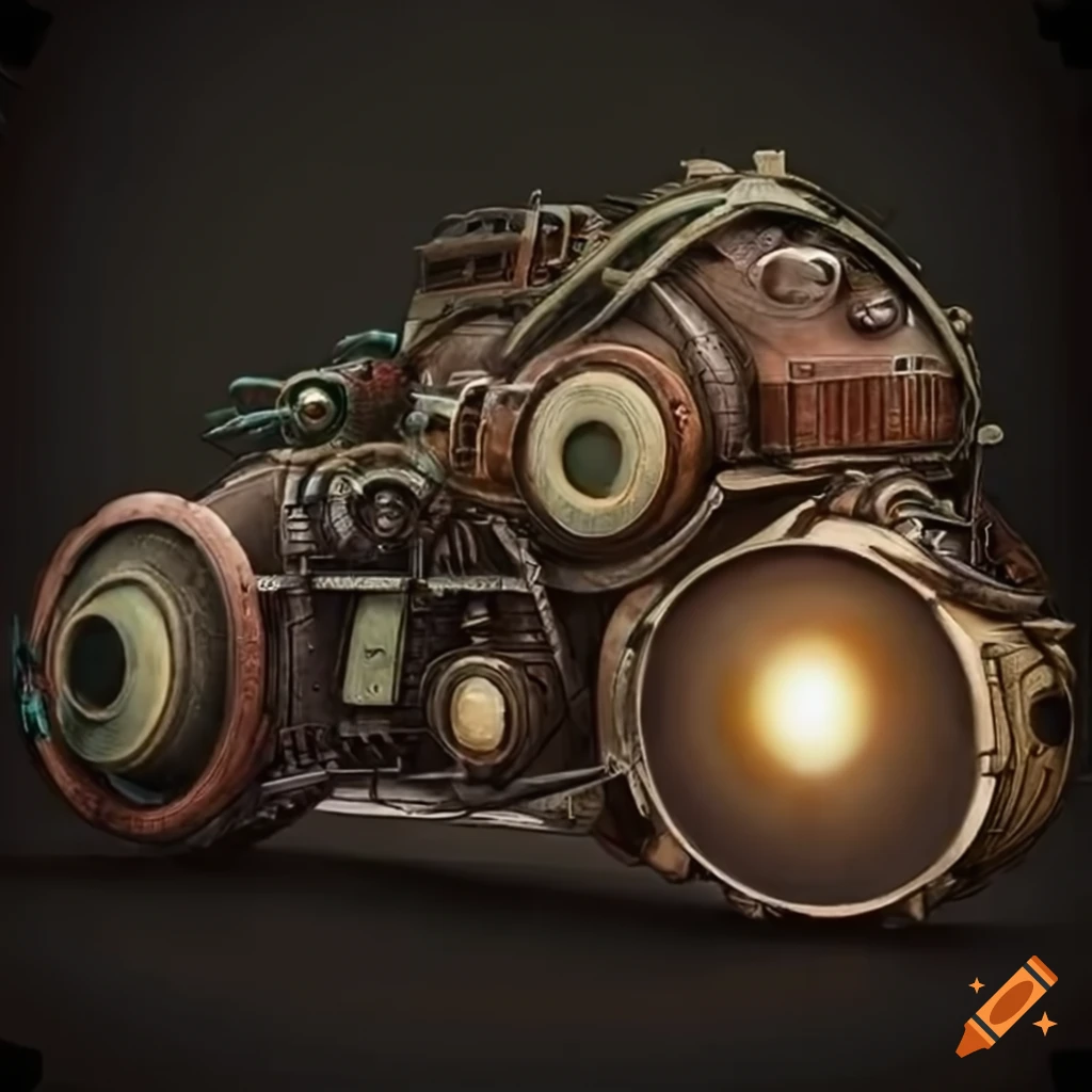 Mecha solarpunk steampunk motorcycle in dramatic lighting on black ...