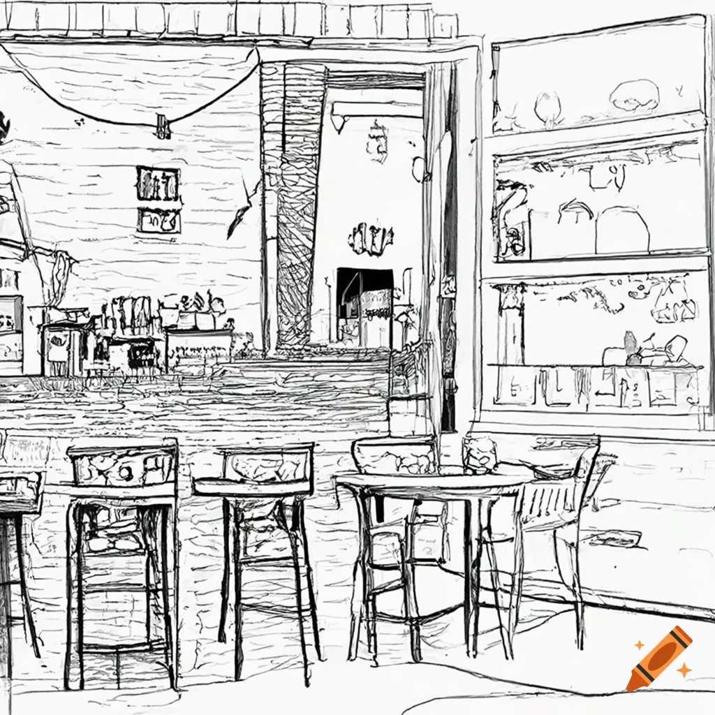 Aesthetic sketch of a welcoming coffee shop layout with counter and ...