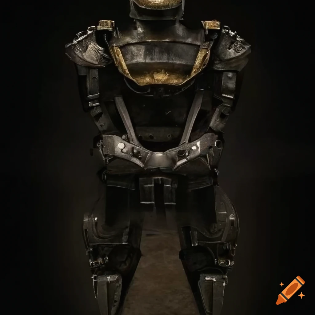 Medieval magical exoskeleton suit in frontal view with vertical ...