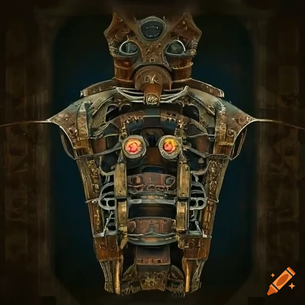 Steampunk medieval magic exoskeleton suit with vertical symmetry on Craiyon