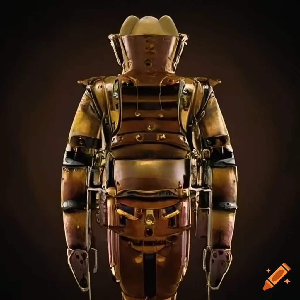 Steampunk medieval magic exoskeleton suit in a front view with vertical ...