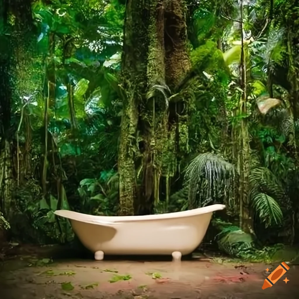 Bubble bath tub in a tropical forest with fruit trees on Craiyon
