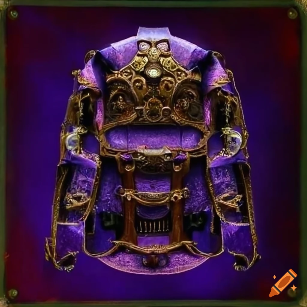 Steampunk medieval magic exoskeleton suit with front view and vertical ...