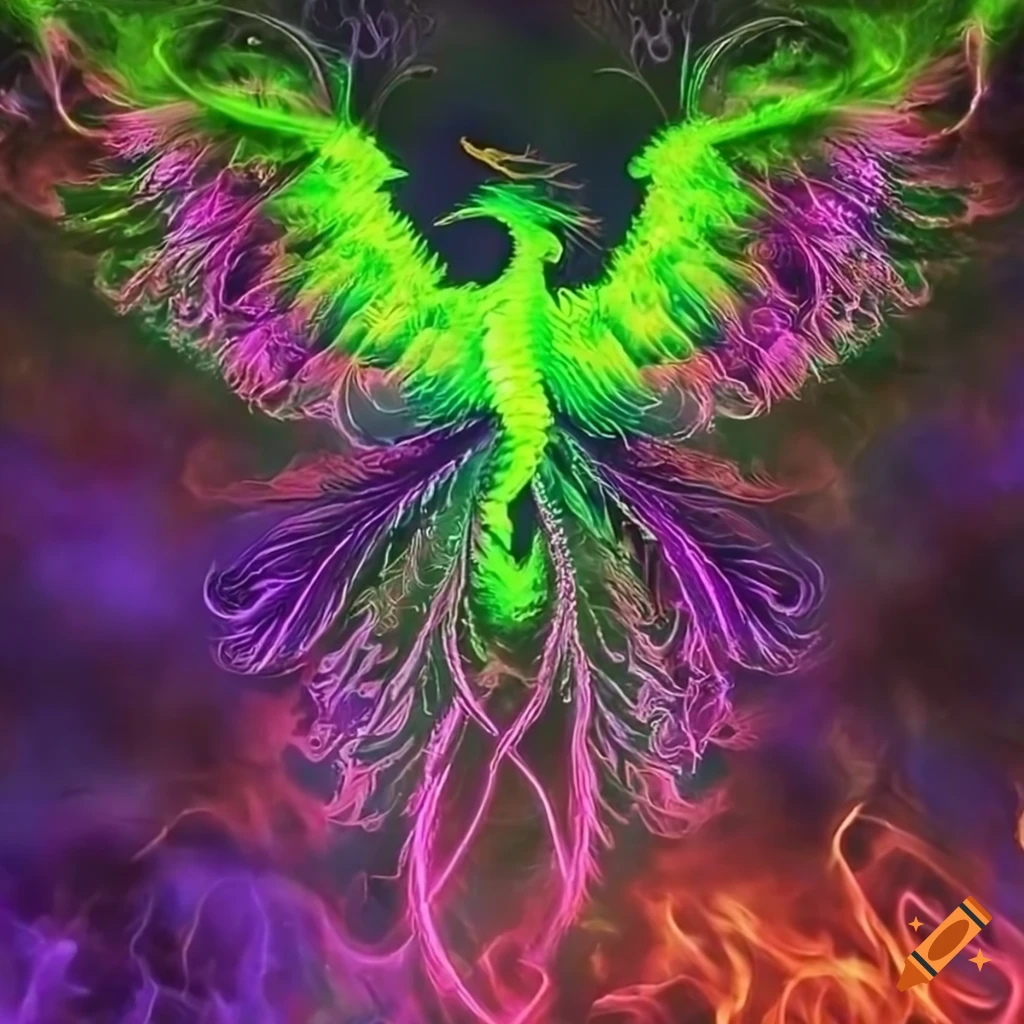 Neon emerald green and purple phoenix rising from flames on Craiyon