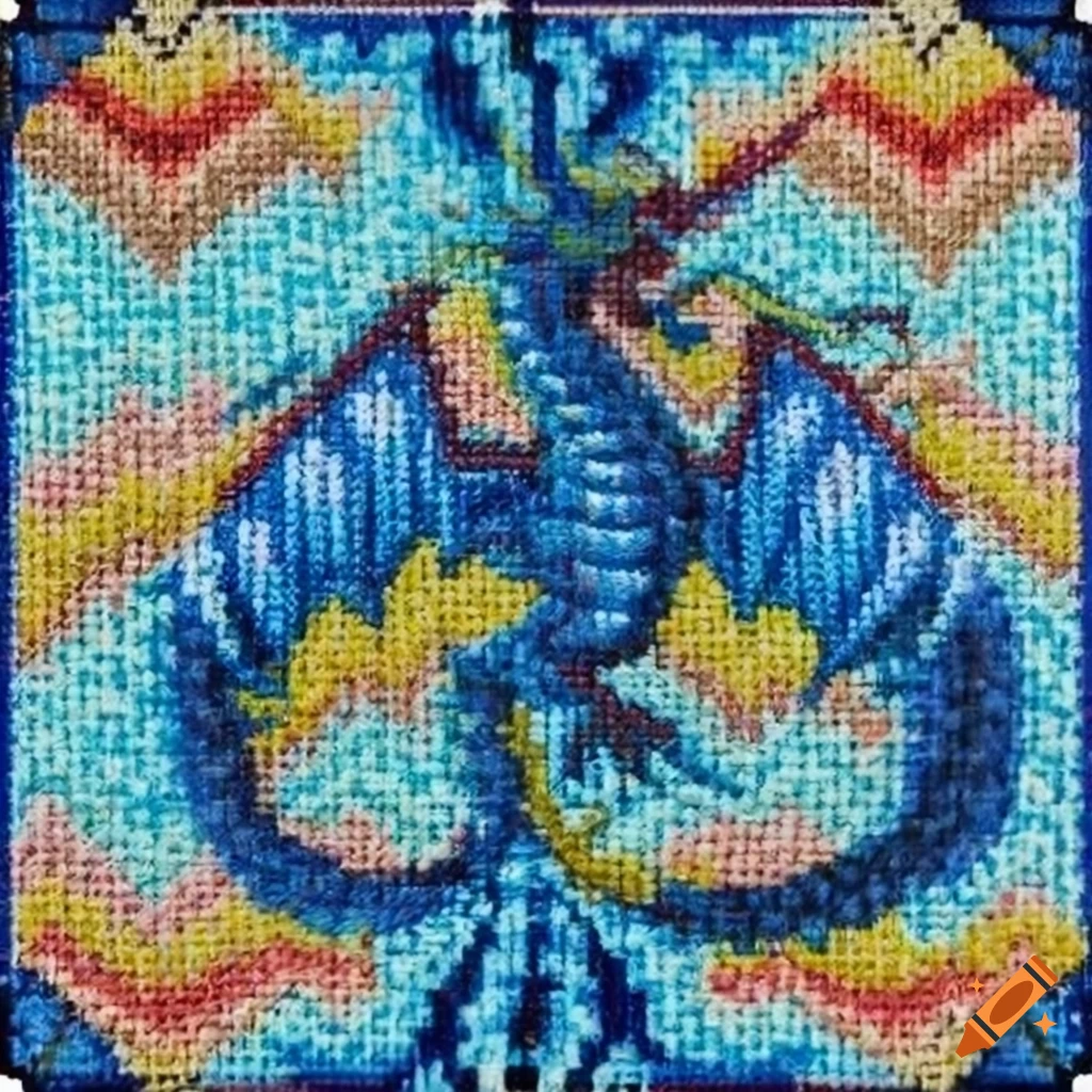 Bright blue dragon in bargello needlepoint style on Craiyon