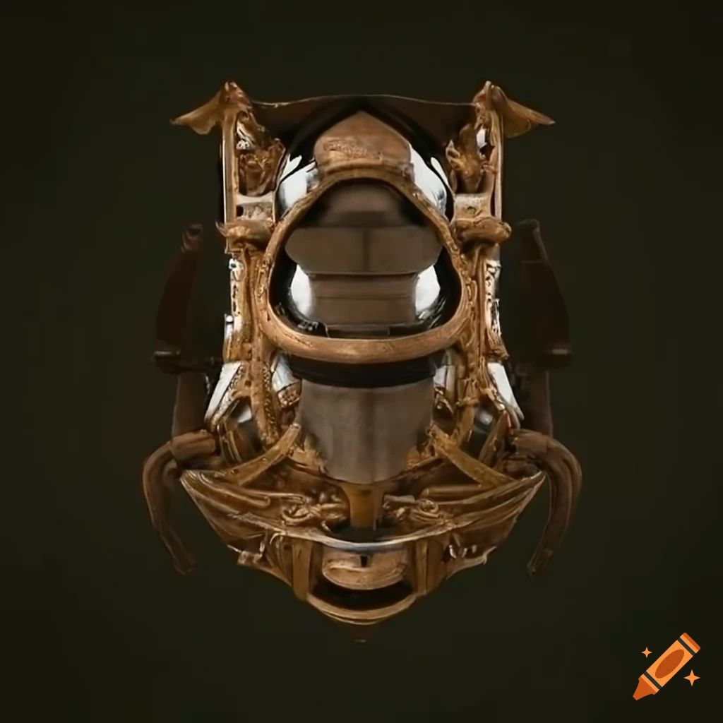 Steampunk medieval magic exoskeleton suit frontal view with vertical ...