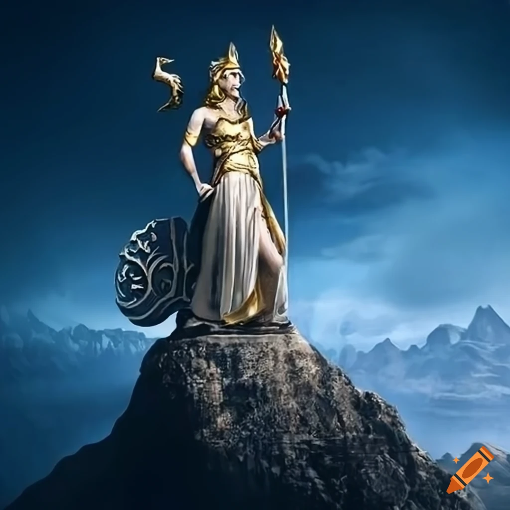 Depiction of Athena, the Greek goddess, on a mountain symbolizing ...