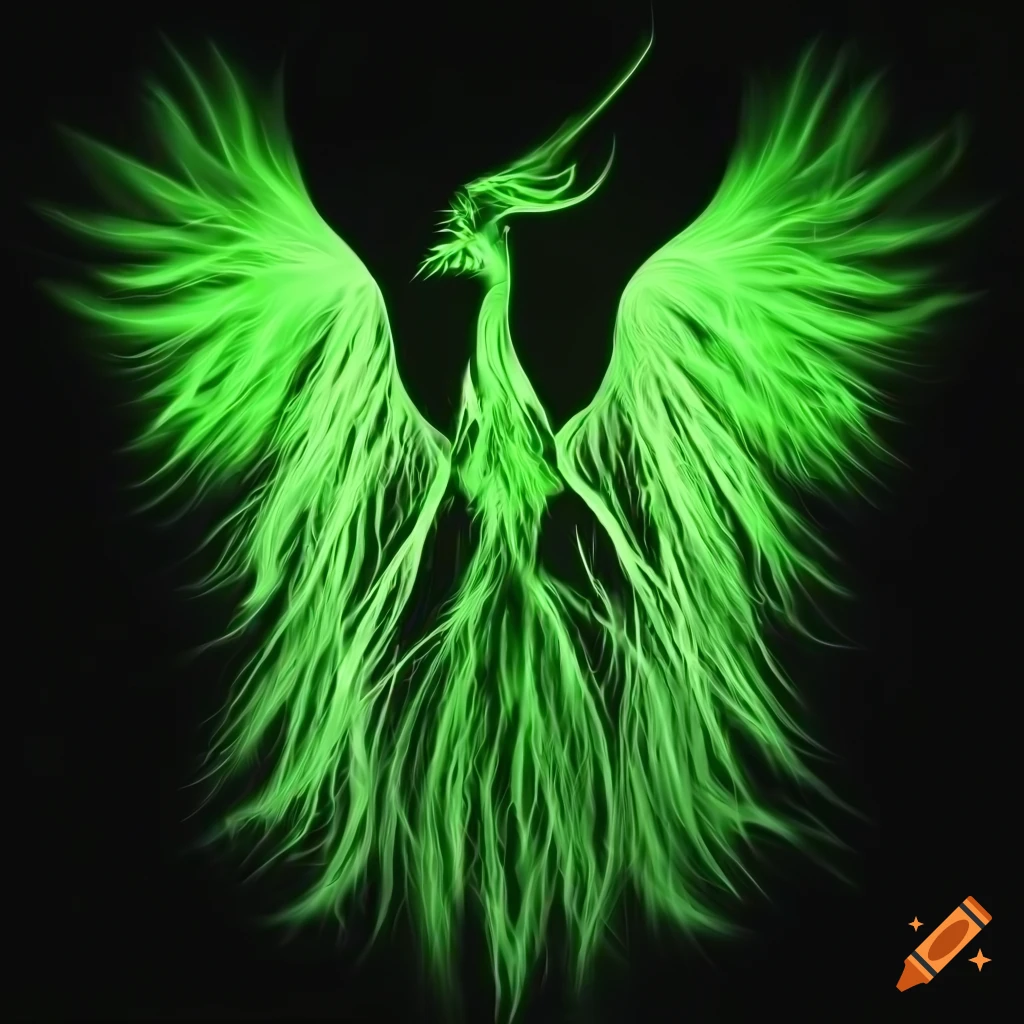 Green neon phoenix rising from flames in darkness on Craiyon
