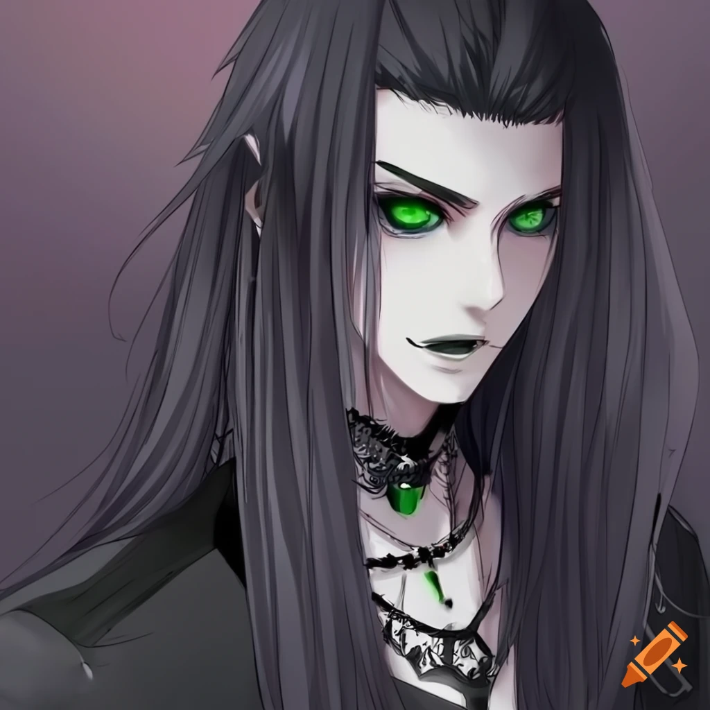 Attractive goth man with black hair and green eyes in anime style on ...