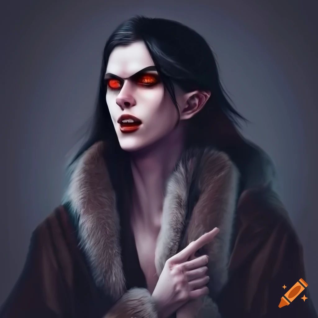 Young handsome vampire with long black hair and red eyes holding a ...