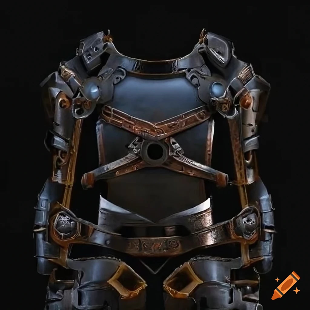 Front view of a medieval magic exoskeleton suit with vertical symmetry ...
