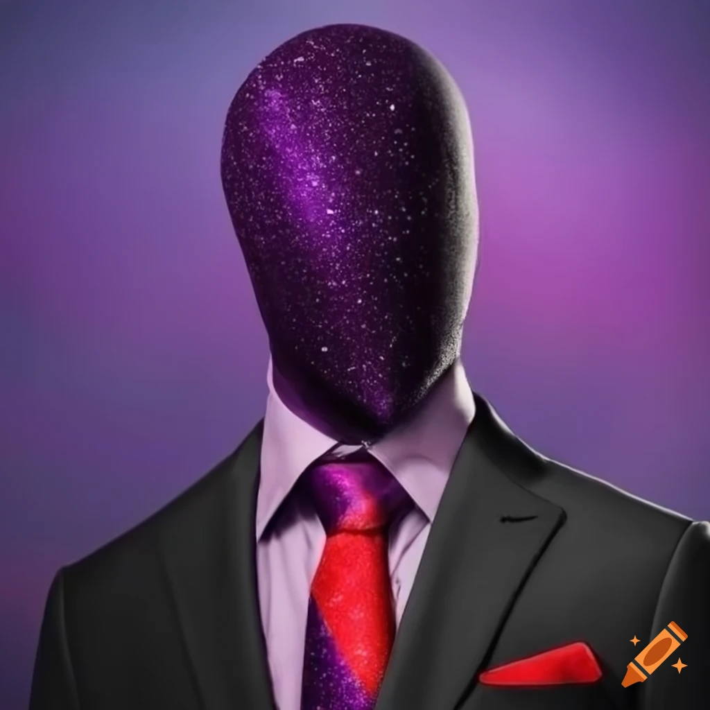 Faceless man with purple starry skin in a black suit and red tie on Craiyon