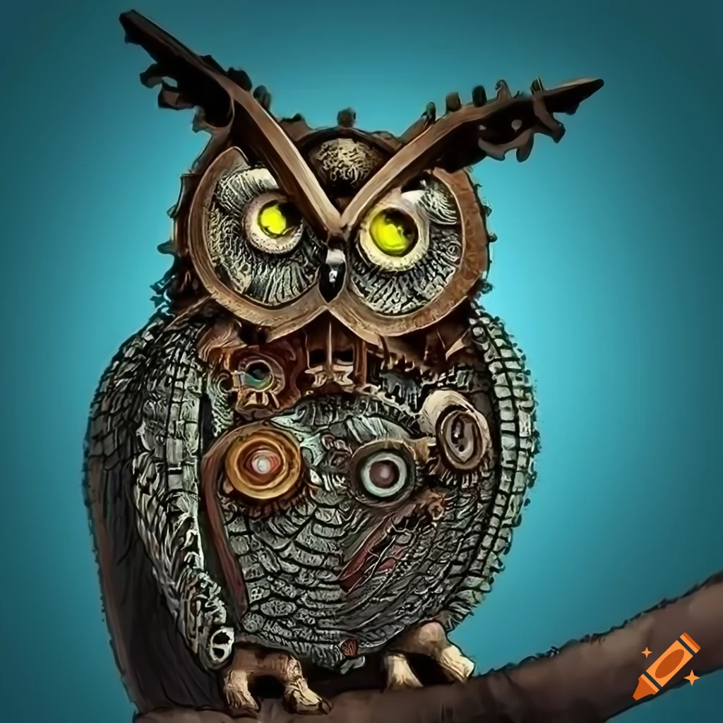 Steampunk mechanical horned owl in surreal digital art on Craiyon