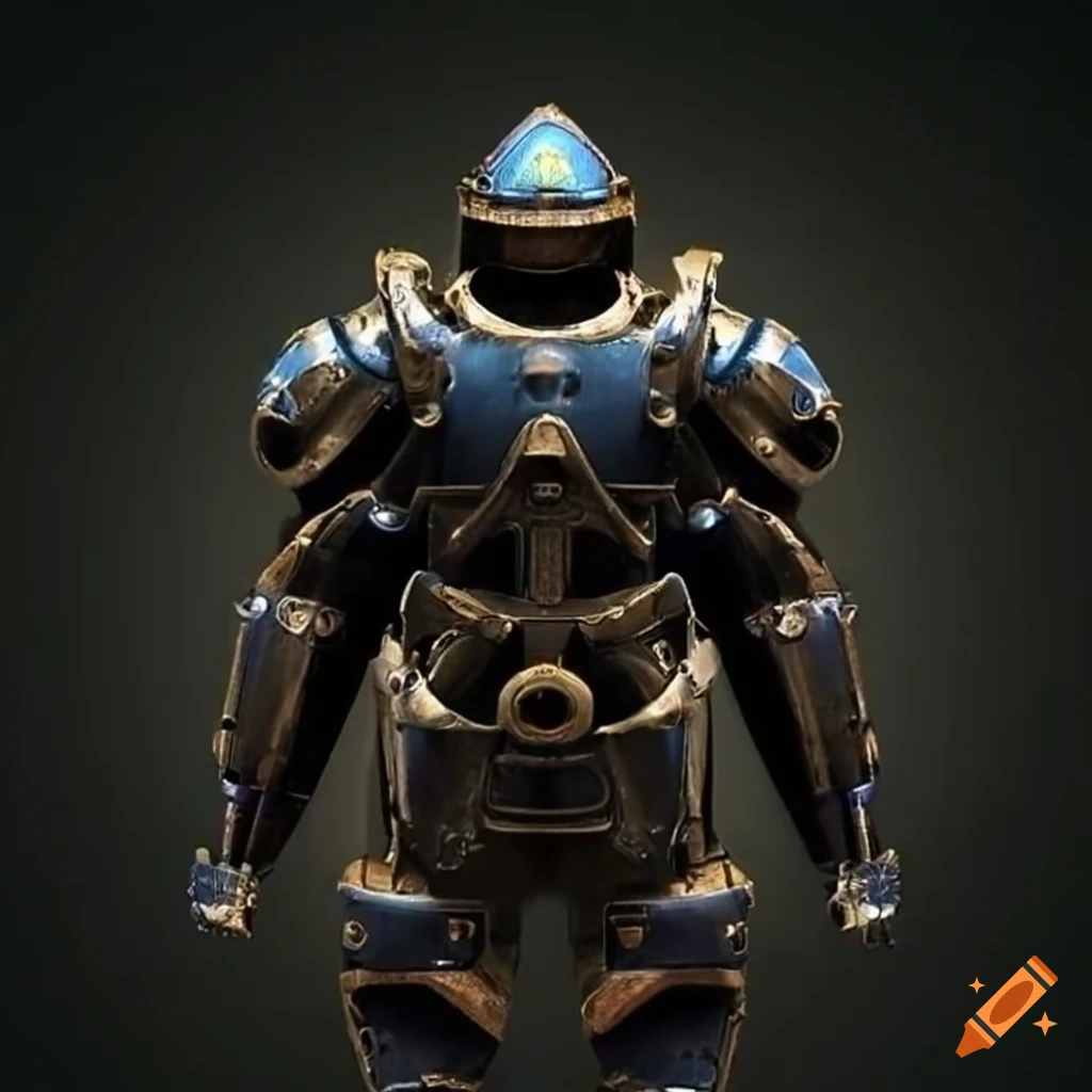 Medieval magic exoskeleton suit seen from the front with vertical ...