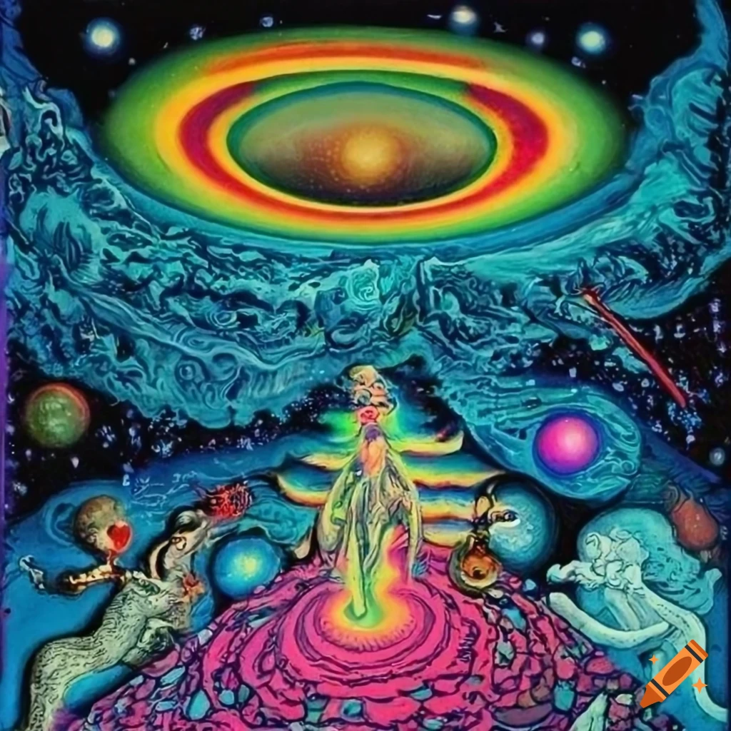 Vintage fantasy cover art with outer space and psychedelic design on Craiyon