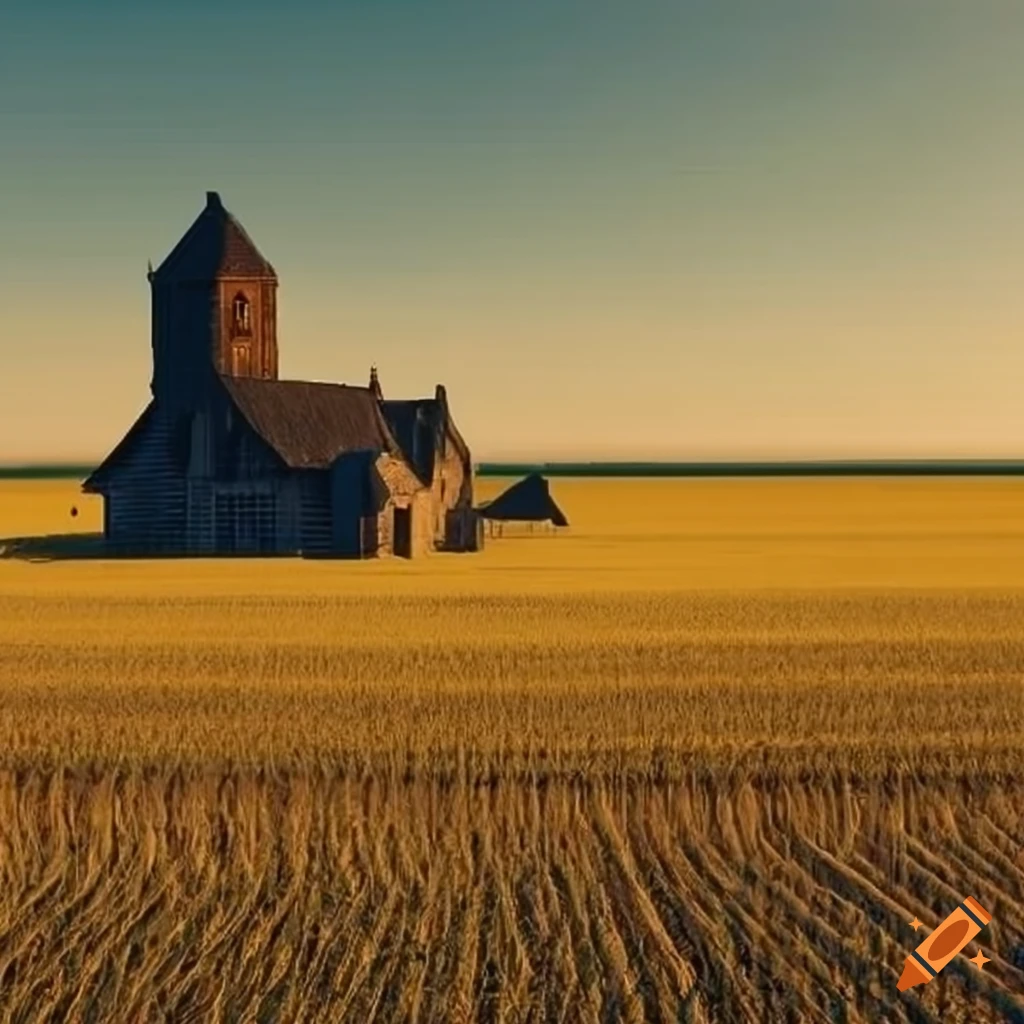 Medieval fantasy farm with rows of grain in the distance on Craiyon