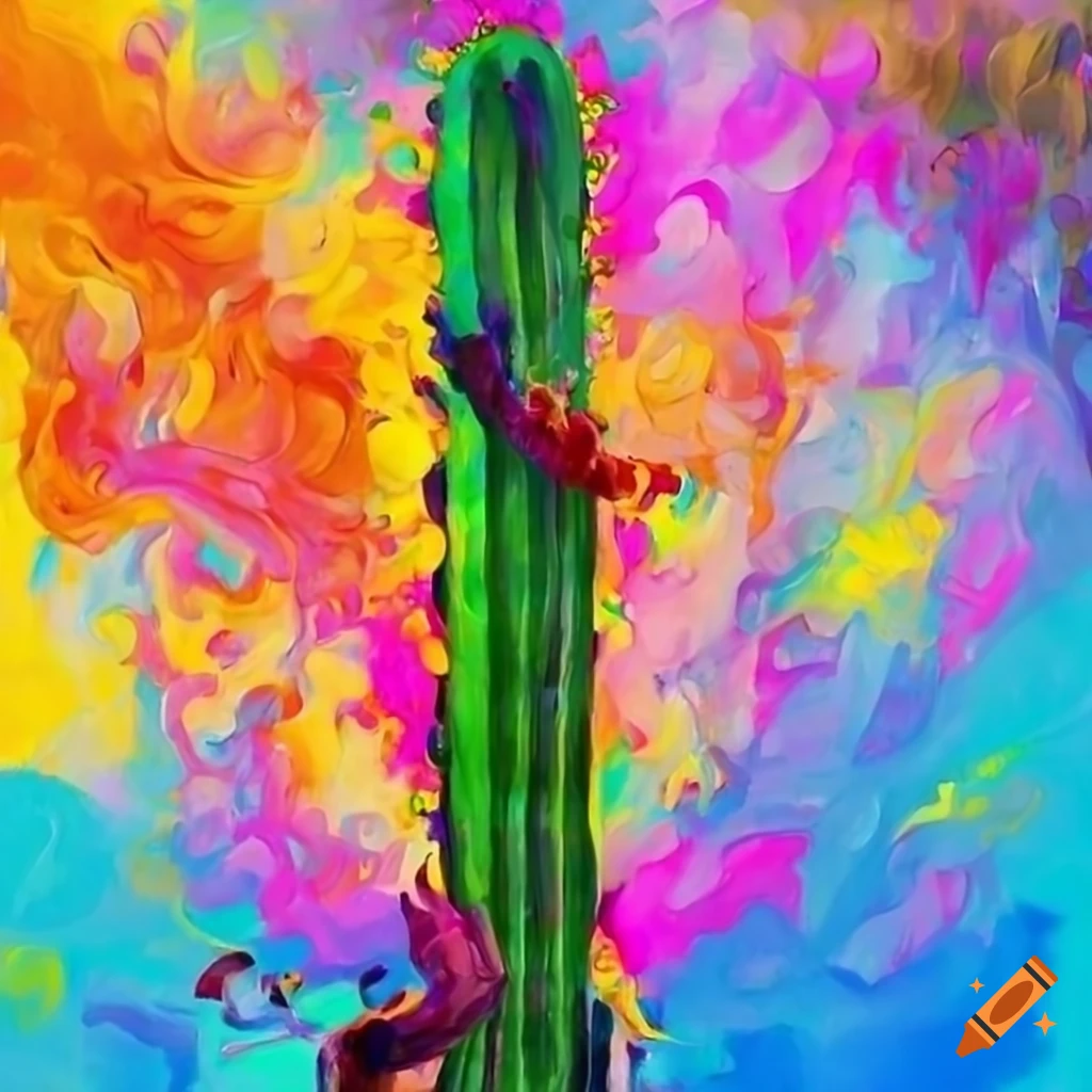 Skeleton holding a cactus in colorful surrealism painting on Craiyon