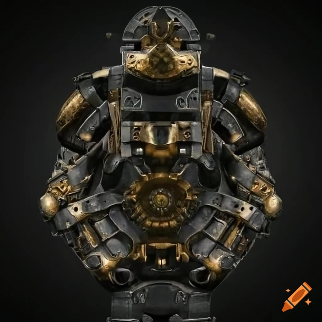 Front view of a medieval adorned magic exoskeleton suit with vertical ...