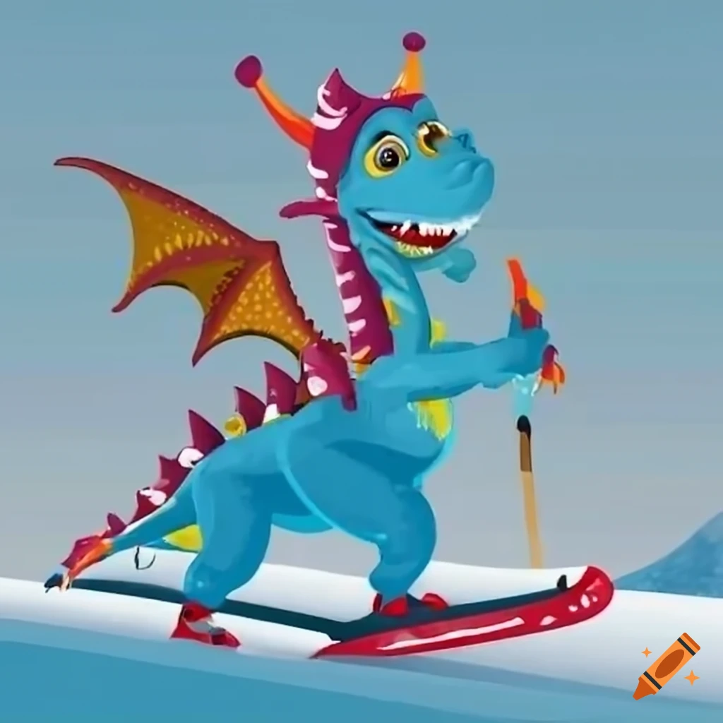 Cartoony dragon skiing in winter attire on Craiyon