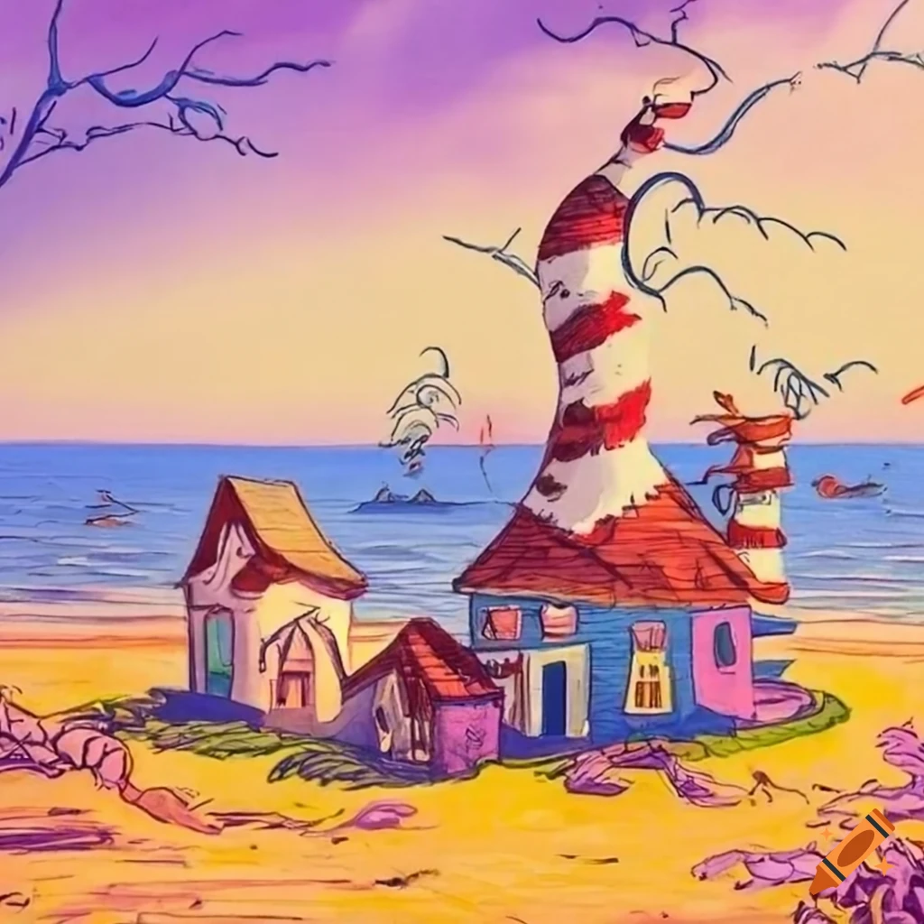 Dr Seuss style colonial village on island shores with cut down trees on ...