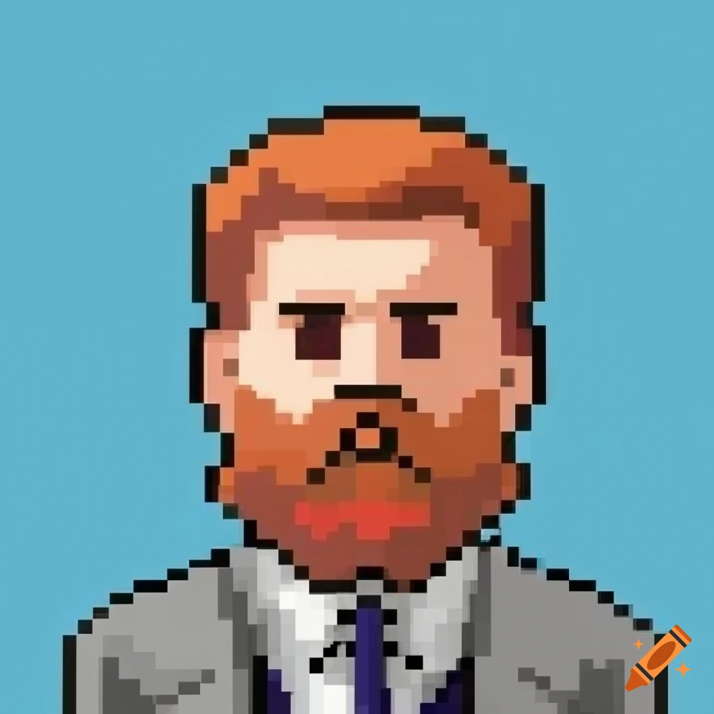 Pixel art of a man with brown hair and red beard in a suit on Craiyon