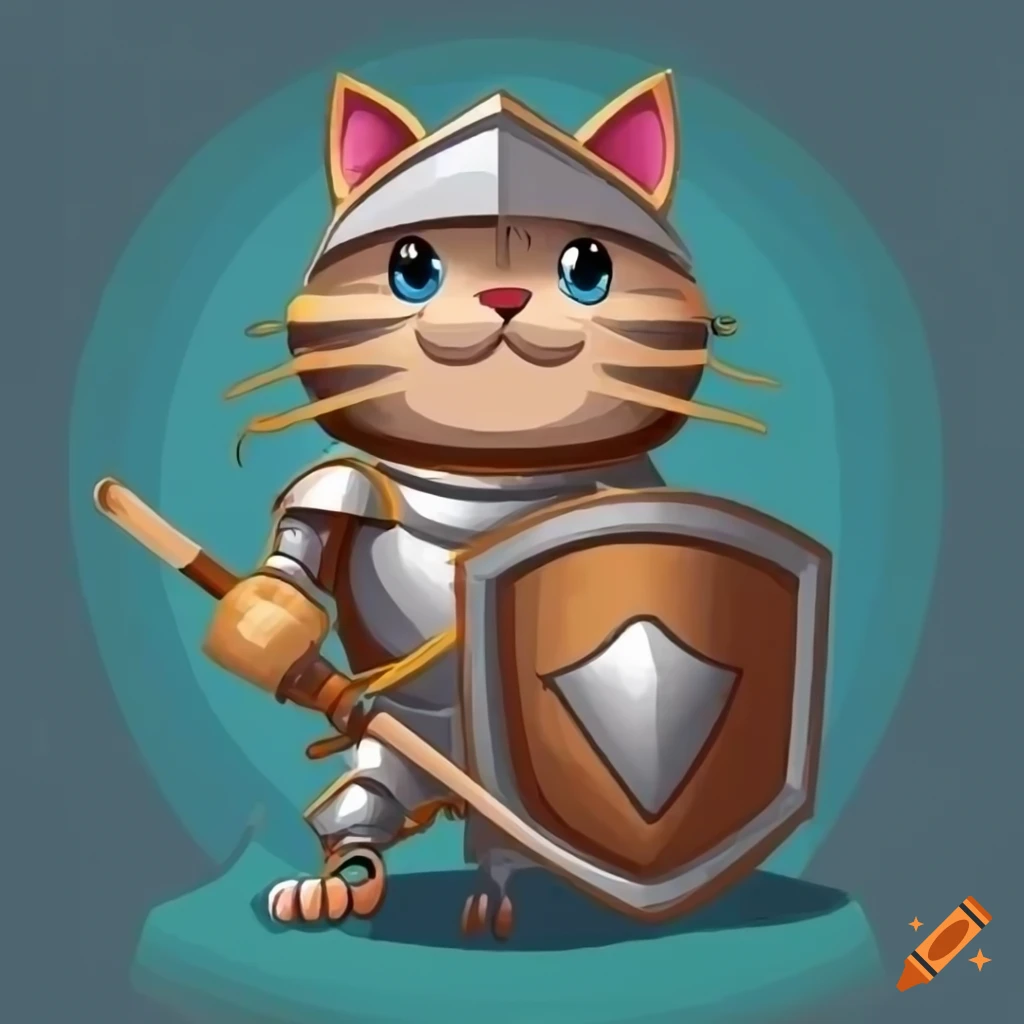 Cartoon cat in armor with wooden sword and shield on Craiyon
