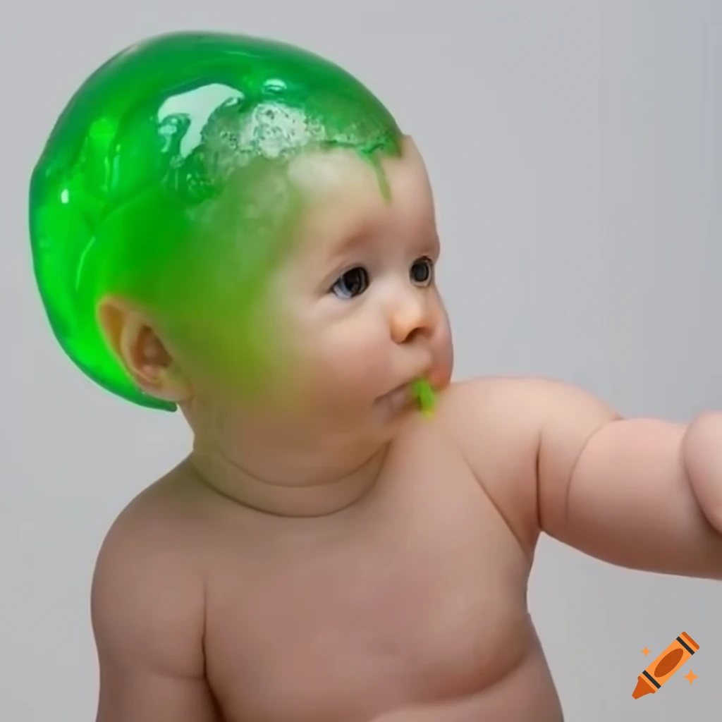 Large baby with green translucent slime holding a hockey stick on Craiyon