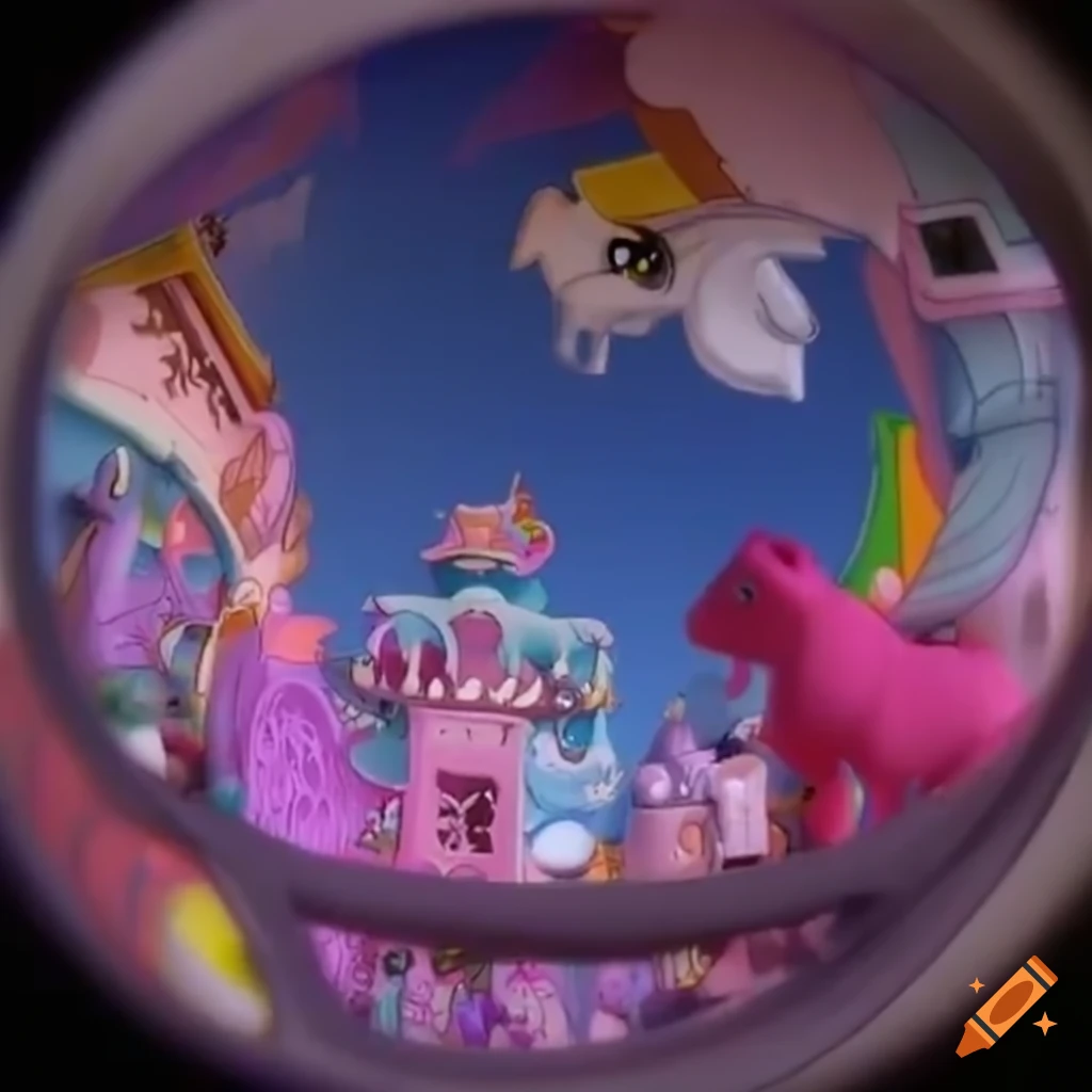 Fisheye view of a mini mlp world display on a front porch on Craiyon