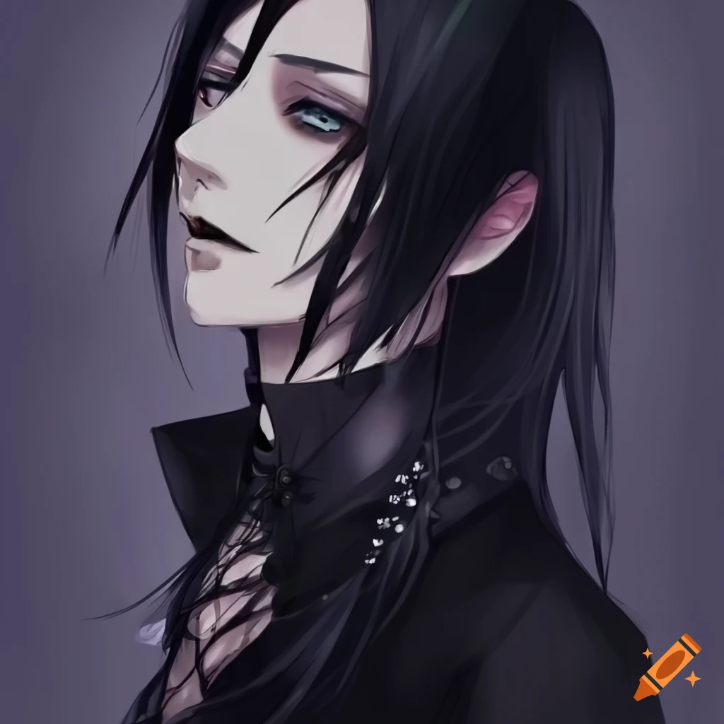 Attractive goth man with black hair and green eyes in anime style on ...