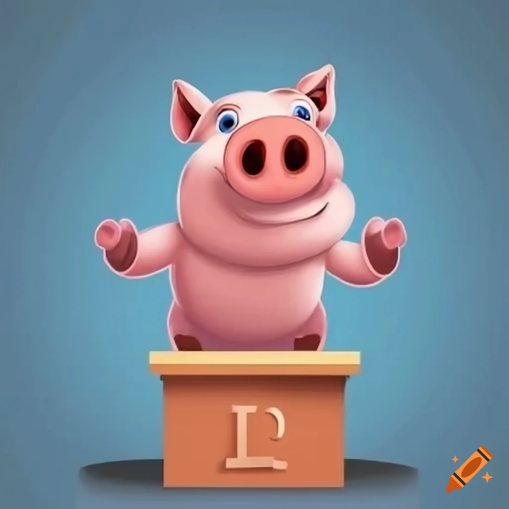 Cartoon pig debating at a podium and looking happy on Craiyon