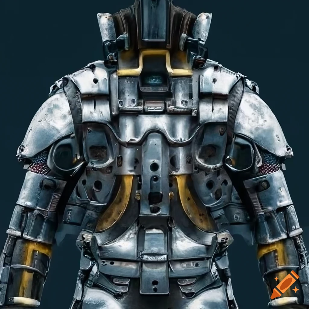 Medieval magic exoskeleton suit with front view and close-up details on ...