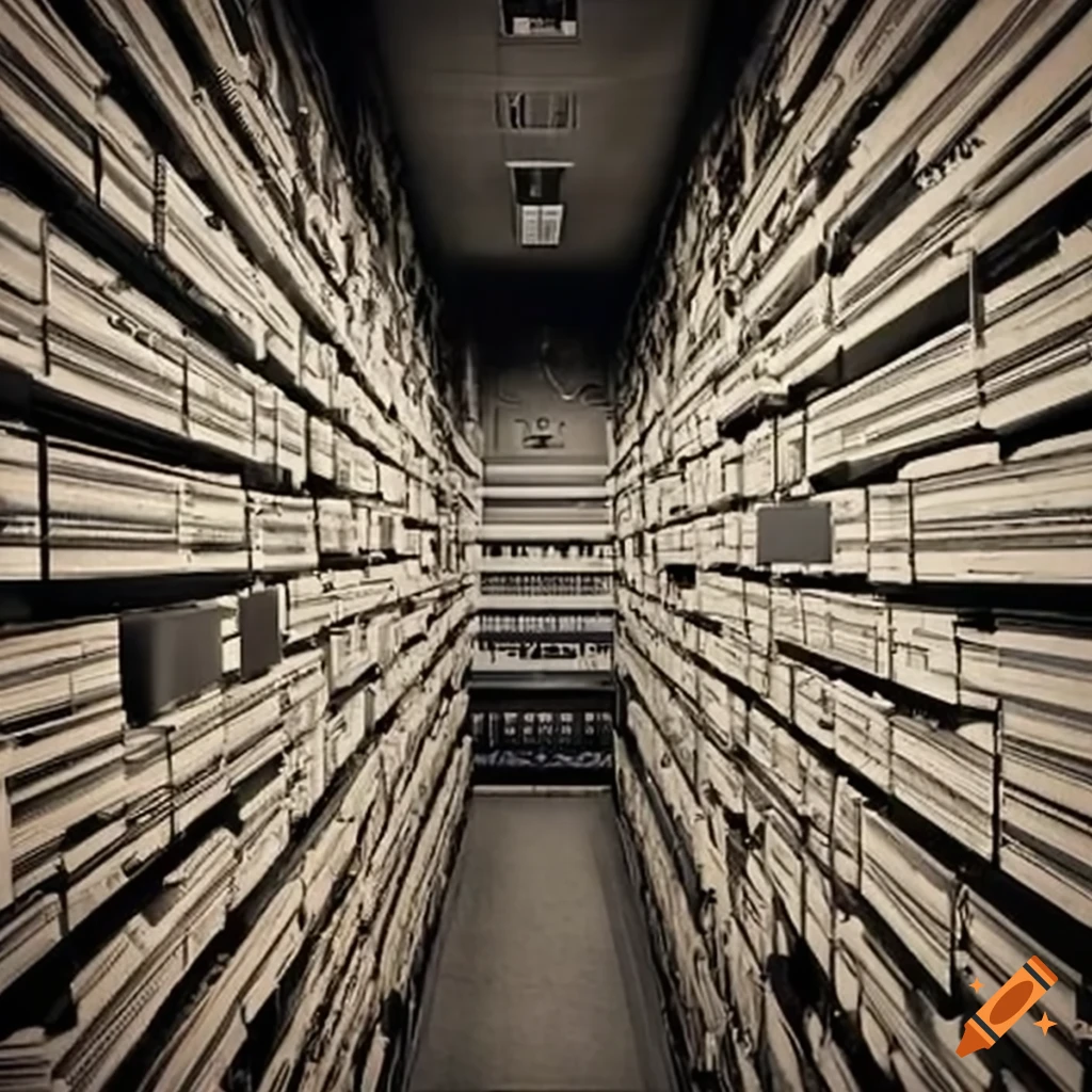 Intimidating government filing room with endless files and papers on ...