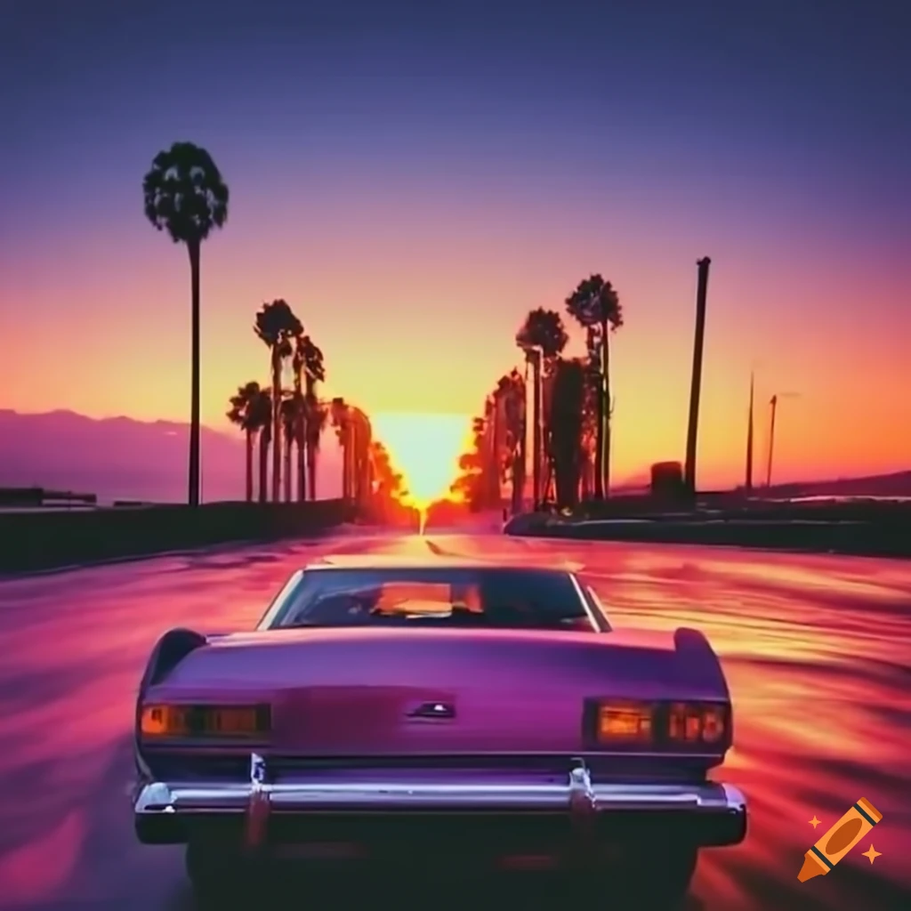 Car driving in California with a 90's retro sunset vibe on Craiyon