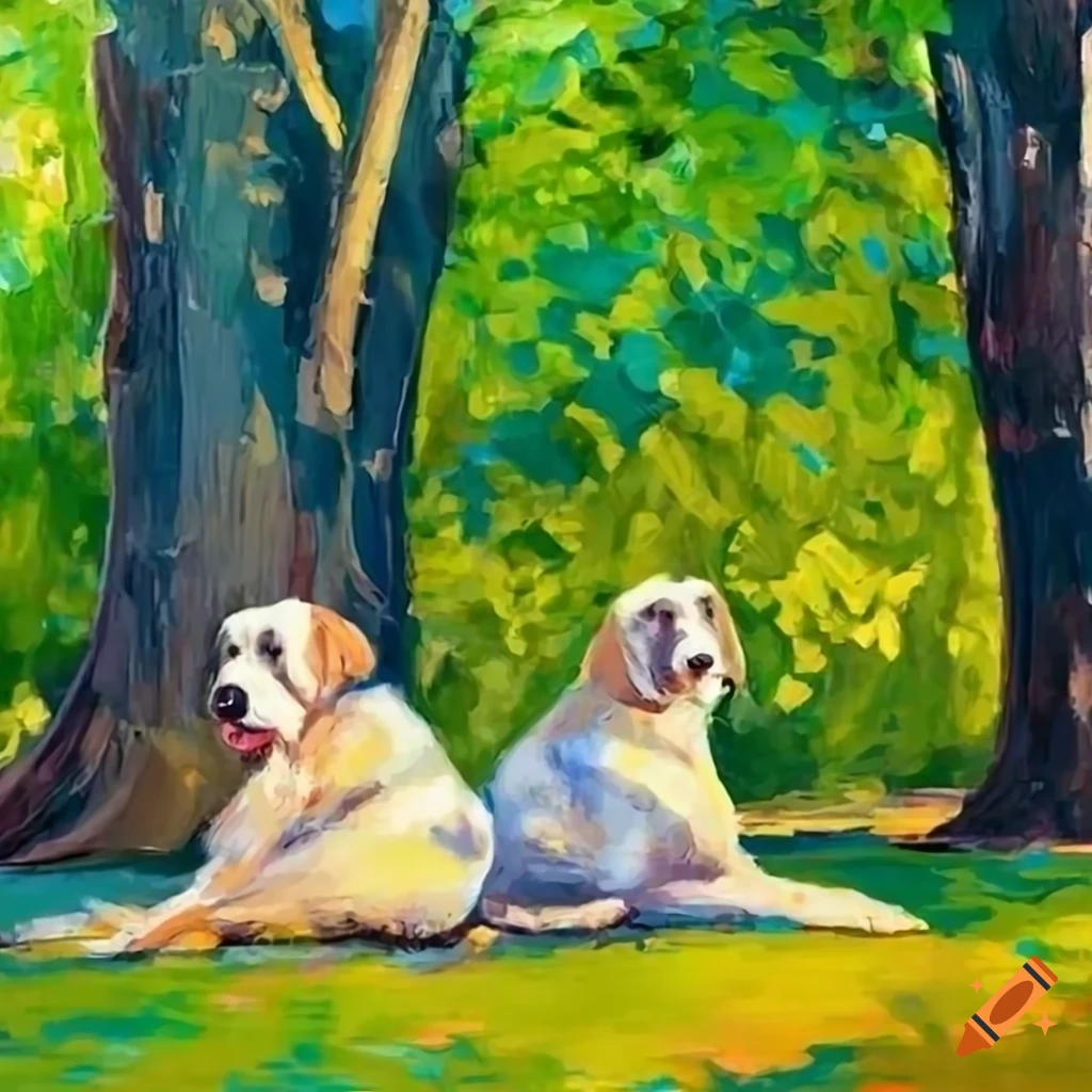 Two content dogs relaxing in the shade under a plane tree on Craiyon