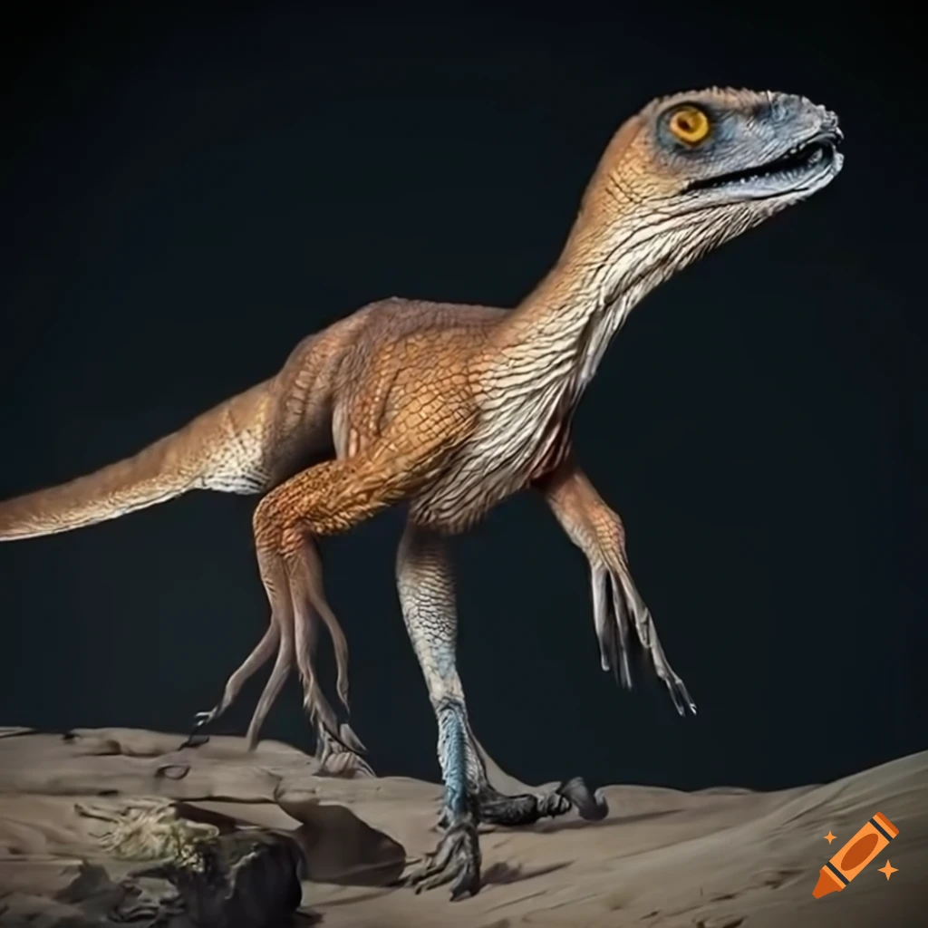 Feathered velociraptor in the mongolian desert on Craiyon