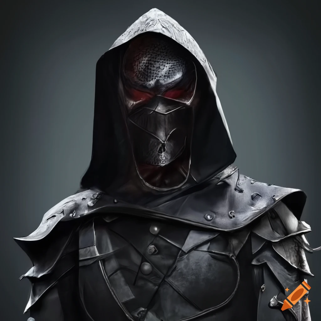 Dark fantasy ranger in black leather armor, face mask, and cloak on Craiyon