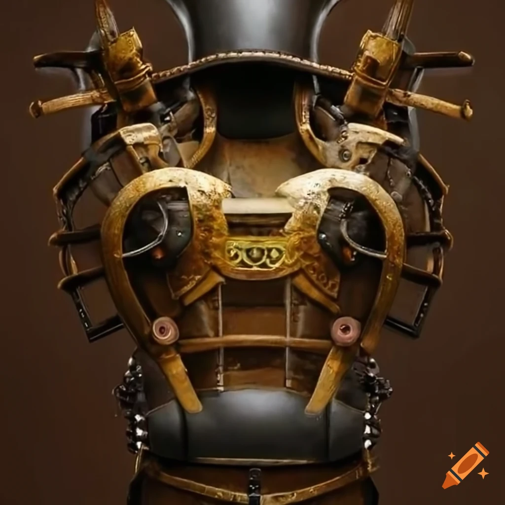 Steampunk medieval magic exoskeleton suit front view with vertical ...