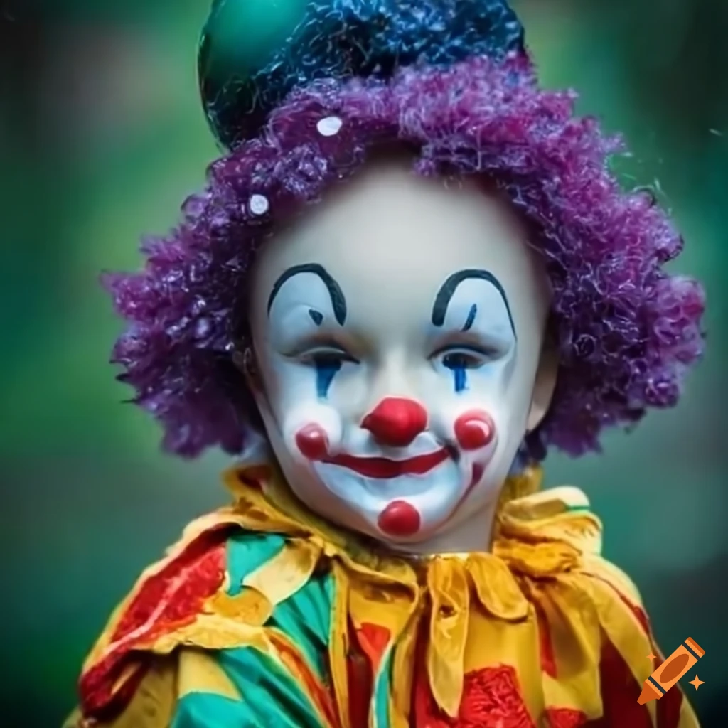 Small clown sitting in the rain on Craiyon