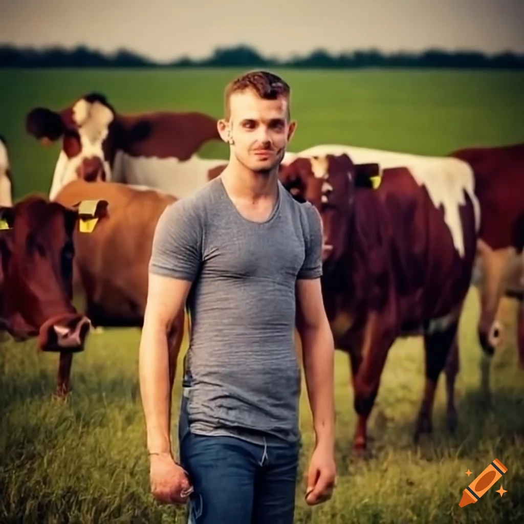 Man surrounded by friendly cows in a rustic setting on Craiyon